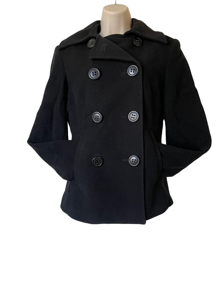 Express Women's Black Wool Blend Pea Coat Jacket Double Breasted Size 6 ...