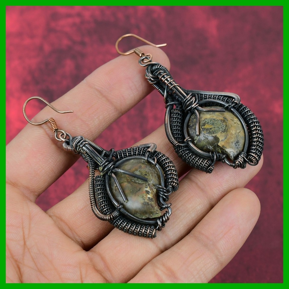 Natural Ammonite Fossil Wire Wrapped Dangle Drop Hook Earrings Jewelry ...