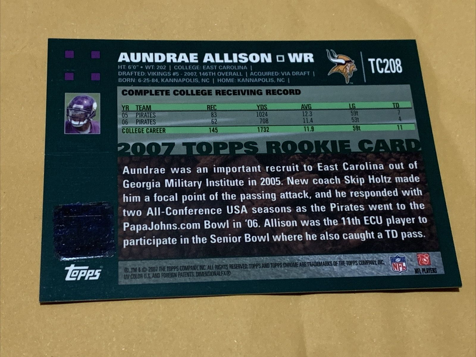 2007 Topps Chrome Football Card Rookie Autographs TC208 Aundrae Allison ...