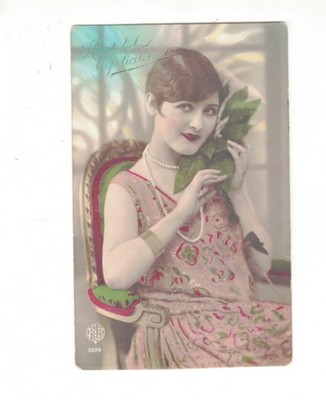 Postcard Art Deco Flapper Fancy Hairstyle red lips , Pearls RPPC TB ...