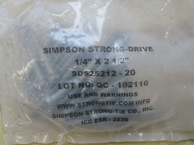 Simpson SDS Screws 1/4" X 2 1/2" SDS25212 20 Heavy Duty Connector Screw ...