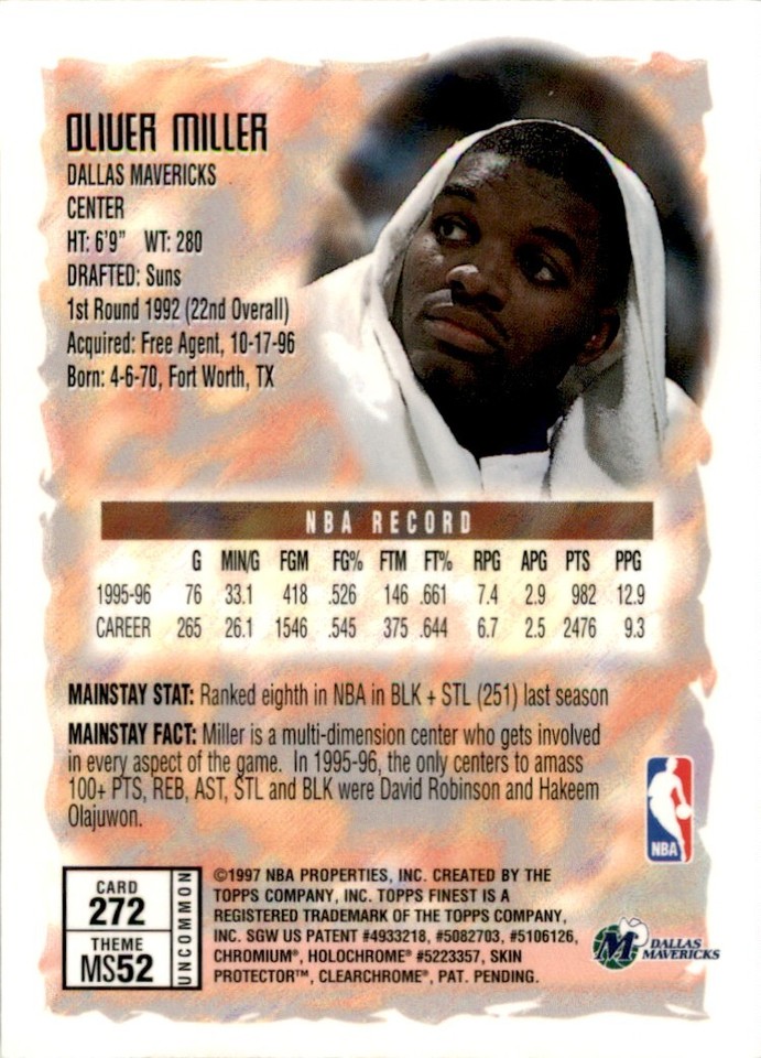 1996-97 Topps Finest Oliver Miller Dallas Mavericks #272 With Coating ...
