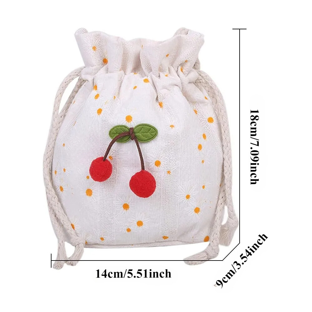 Small String Bag Canvas Shoulder Bag Cherry Handbag Bucket Bag ...