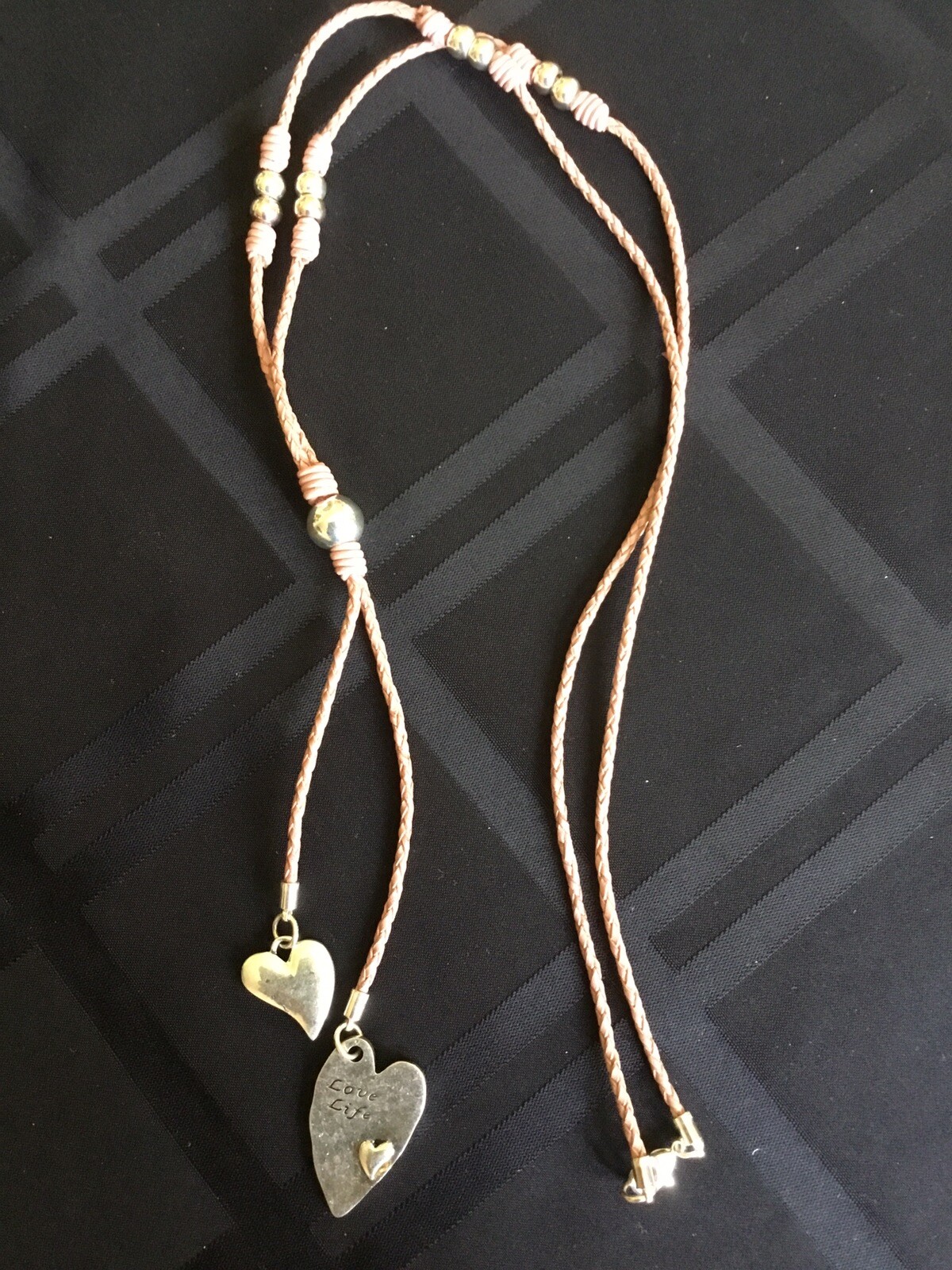 DiDDi Love Life Necklace Silver Tone Heart Pendants Mauve Tone Leather ...