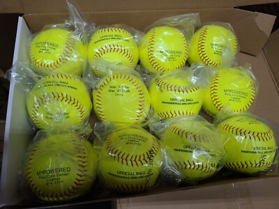 1 DOZEN 12" .47/375 LBS PU CORE SOFTBALLS YELLOW LEATHER RAISED SEAM ...
