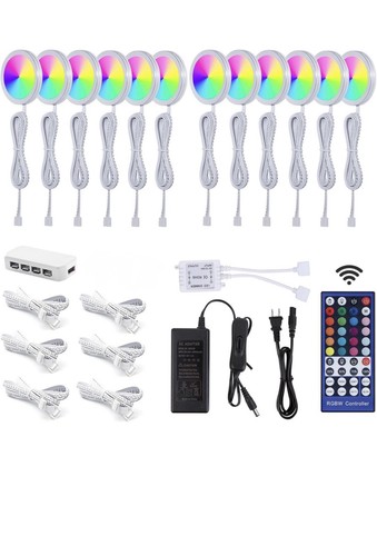 RGBW Under Cabinet Puck Lights 12 Pack Kit W Remote Plug And Play New ...