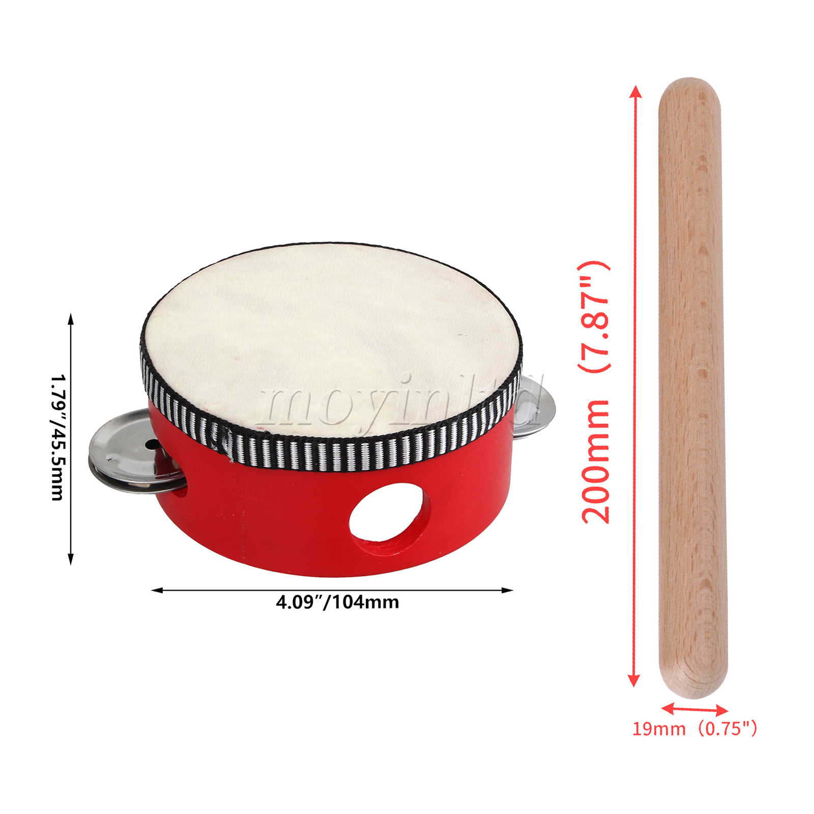 3 Pcs Hand Held Tambourine Drum 4 Inch Red and Rhythm Sticks Wood ...