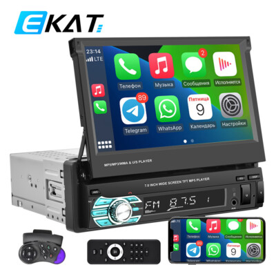 Single 1 Din 7" Car Stereo Radio Android/Apple Carplay Bluetooth Flip ...