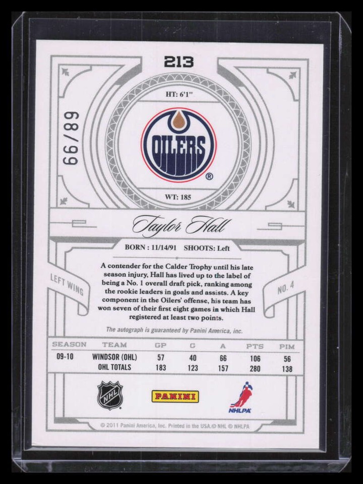 2010-11 Zenith National Treasures Autographs 213 Taylor Hall Rookie ...