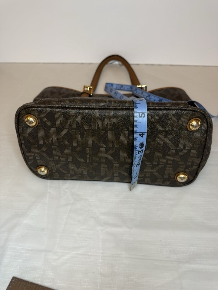 Michael Kors Small Tote Brown MK Logo Canvas Leather Trim Shoulder Bag ...