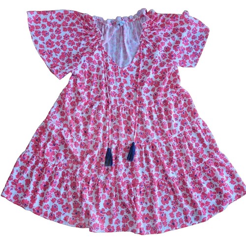 Voy Women Size M Flutter Sleeve Long Blouse Dress Ruffled Red Pink ...