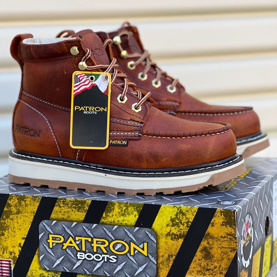 MEN'S PATRON WORK BOOTS 6" HEIGHT MOC TOE GENUINE LEATHER LIGHT BROWN ...