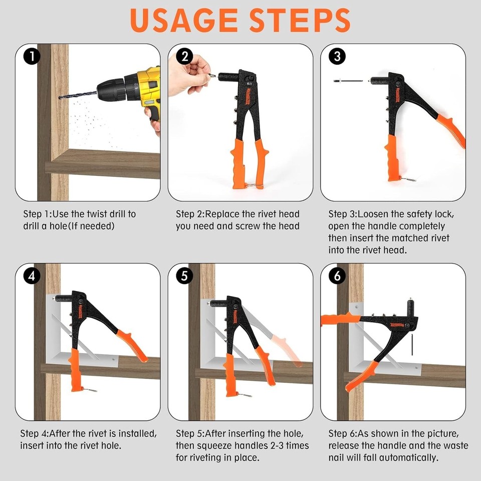 Heavy Hand Riveter Rivet Gun Professional Pop Rivet Gun Kit with 200pcs ...