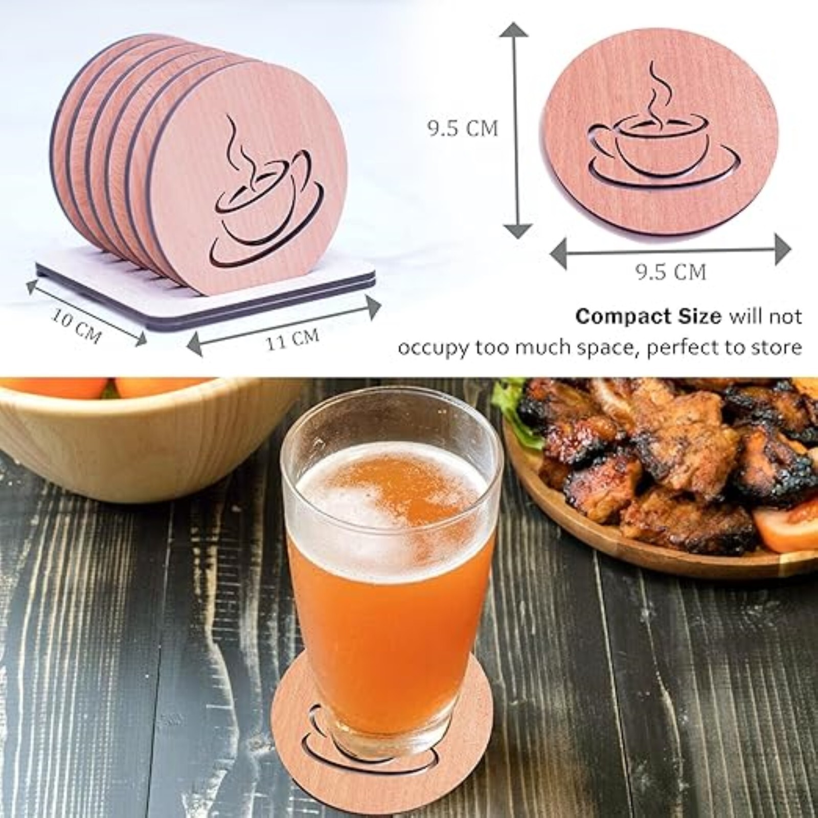 Elegant Wooden Coasters for Cups - Set of 6 with Stand Prevent Rings ...