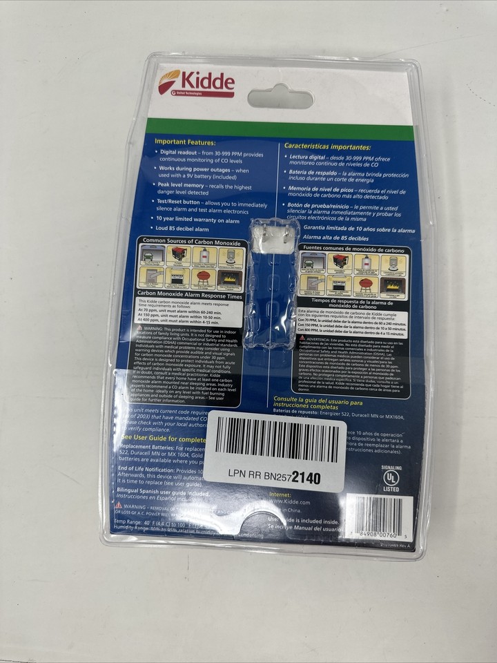 Kidde Firex Plug-in Carbon Monoxide Detector Battery Back Up Digital ...