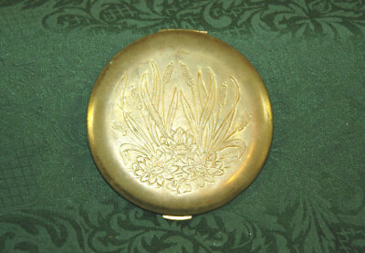 1930's Zell Fifth Avenue Round Makeup Brass Compact - Floral with Puff ...