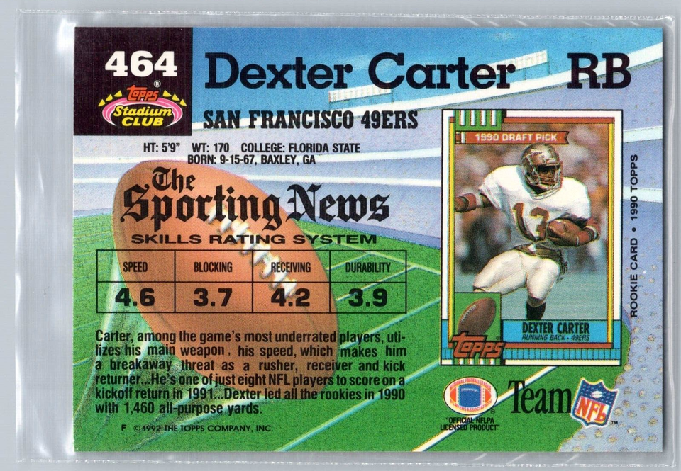 1992 TOPPS STADIUM CLUB CARD # 464 Dexter Carter - San Francisco 49ers ...