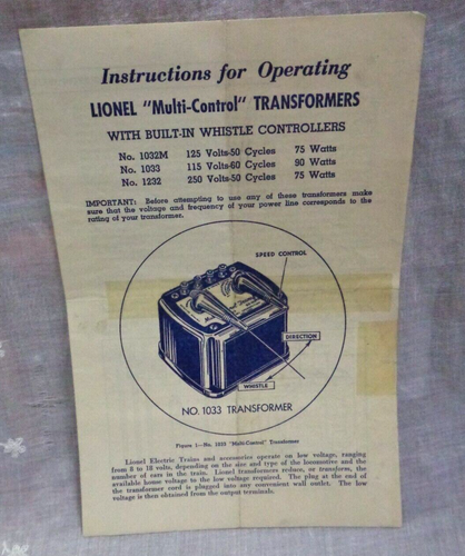 Instructions for Operating LIONEL Multi-Control Transformers w/ Built ...