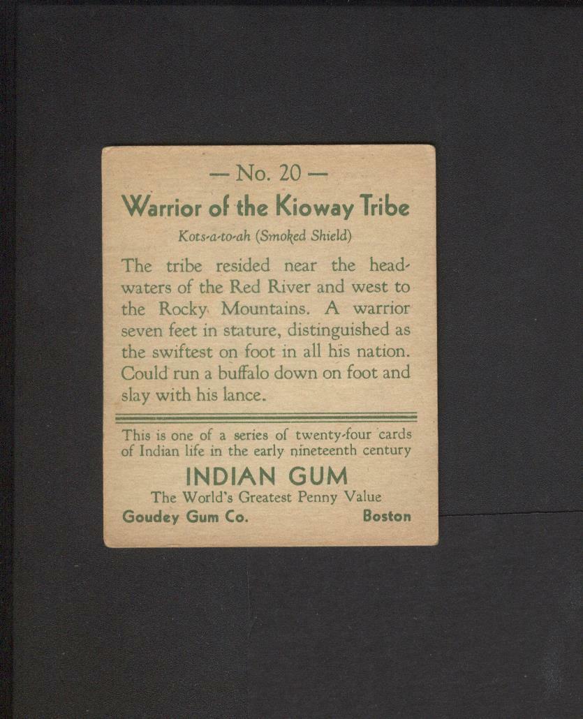 1933 Goudey Indian Gum #20 Series of 24 Warrior of the Kioway Tribe NO ...