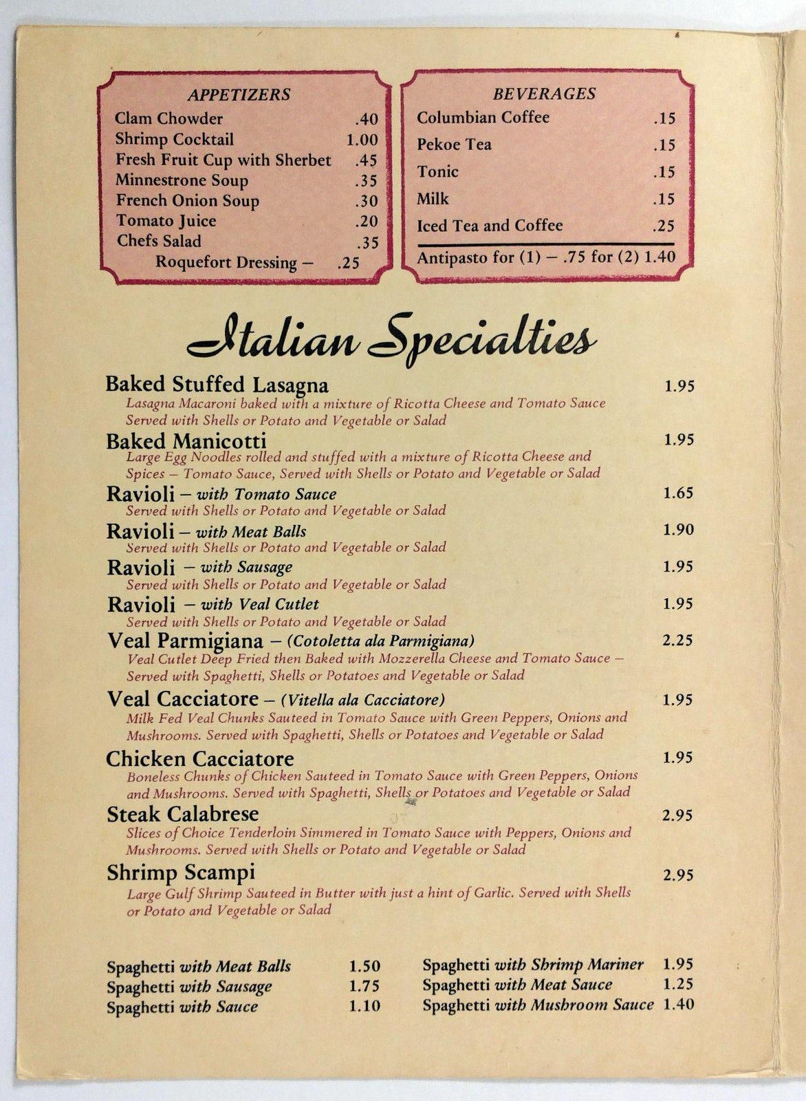 1960's Original Vintage Menu THE MARINER Italian Restaurant Dover New ...