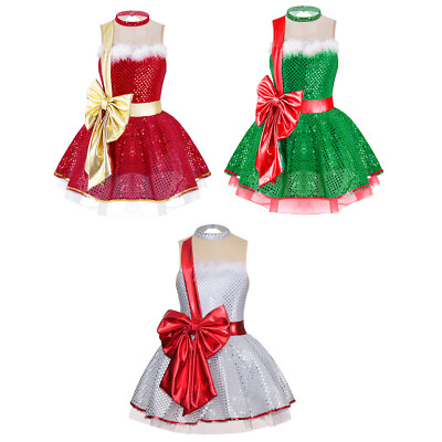 Kids Girls Christmas Dance Costume Xmas Party Dress up Sequins Ballet ...
