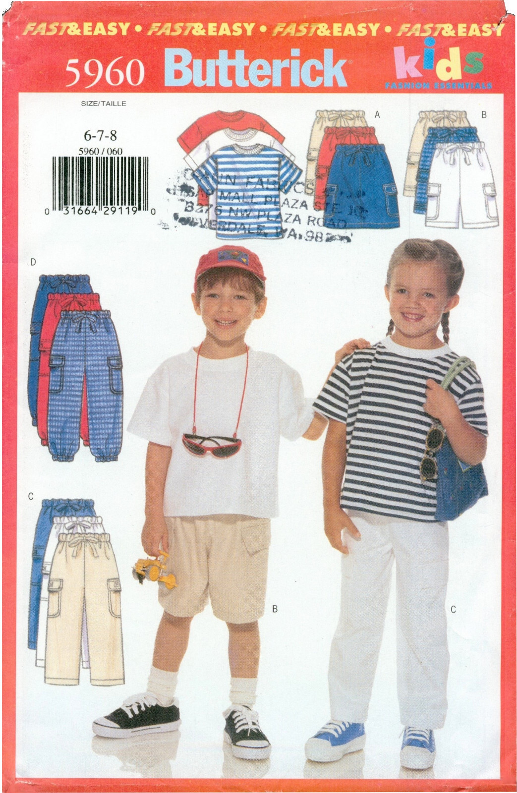 Butterick 5960 Sewing Pattern Boys Girls T-Shirt Skirt Shorts Pants 6-8 ...