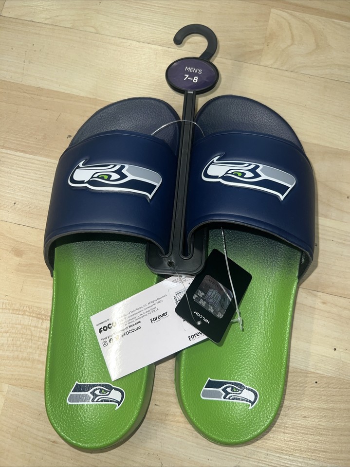Men’s New Seattle Seahawks Logo Navy / Green Slides Foco Sandals Size 7 ...