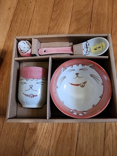 Vintage Kagetsu Pink Kitty Cat Bowl Cup Spoon Chop Rest Japanese Style ...