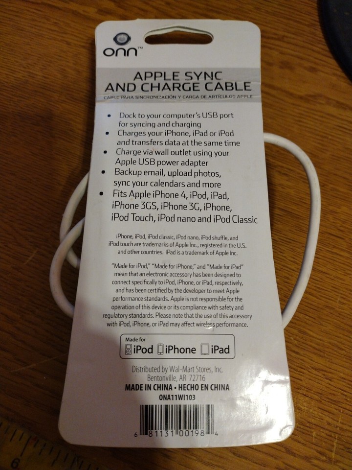 ONN Apple Sync and Charge Cable -4ft for iPod,iPhone,iPad 681131001984 ...