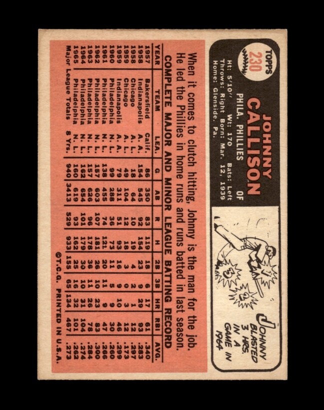 1966 Topps Set-Break #230 Johnny Callison EX-EXMINT *GMCARDS* | eBay