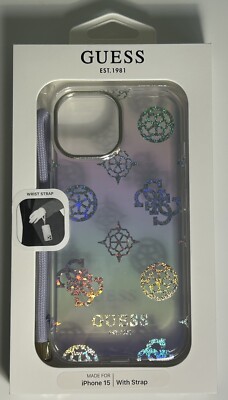 Guess Phone Case with Wrist Strap - For Apple iPhone 15 Silver Glitter ...
