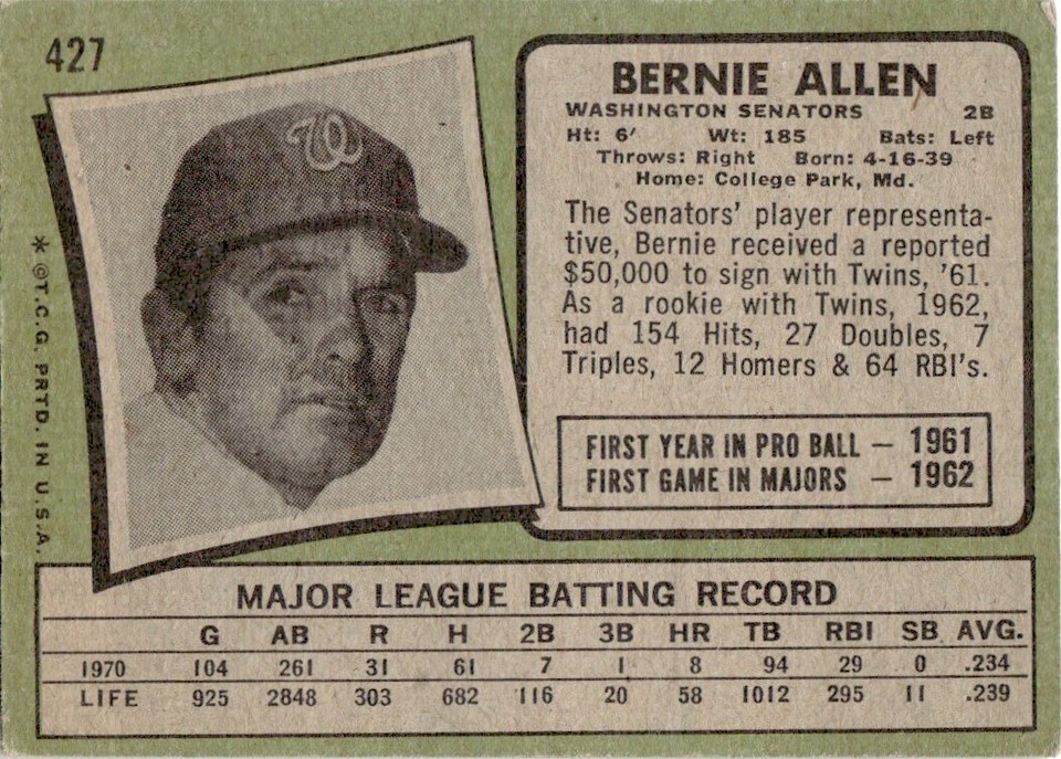 1971 Topps Baseball Bernie Allen Washington Senators #427 VG-EX | eBay