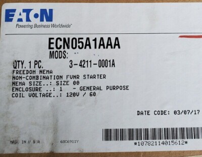 EATON CUTLER HAMMER ECN05A1AAA 110 120V Size 00 AN16AN0 Starter Nema1 ...
