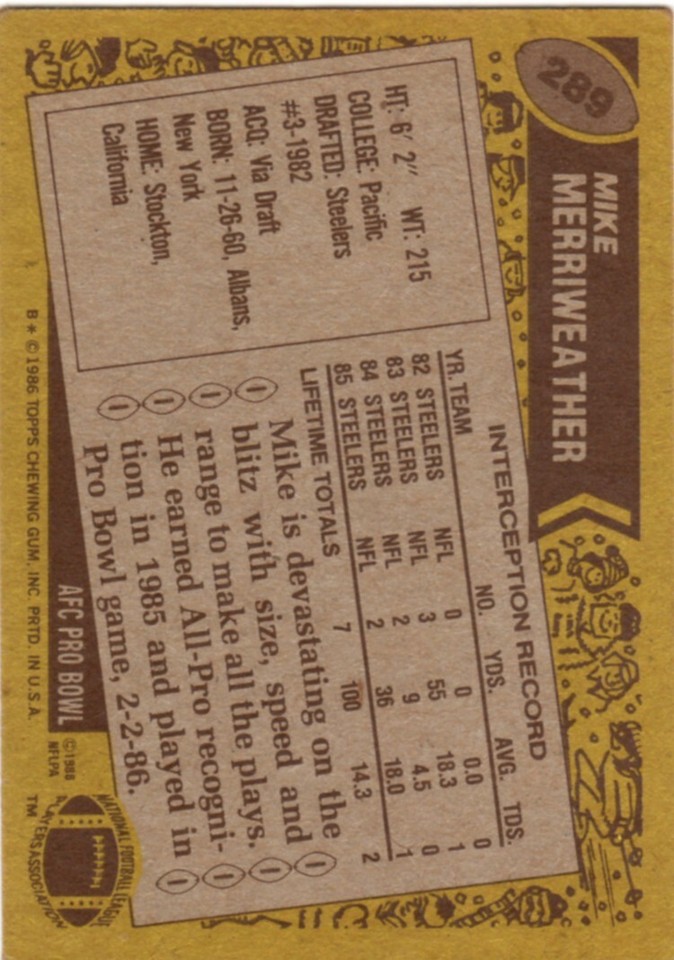 1986 Topps Mike Merriweather Pittsburgh Steelers NFL Card #289 | eBay