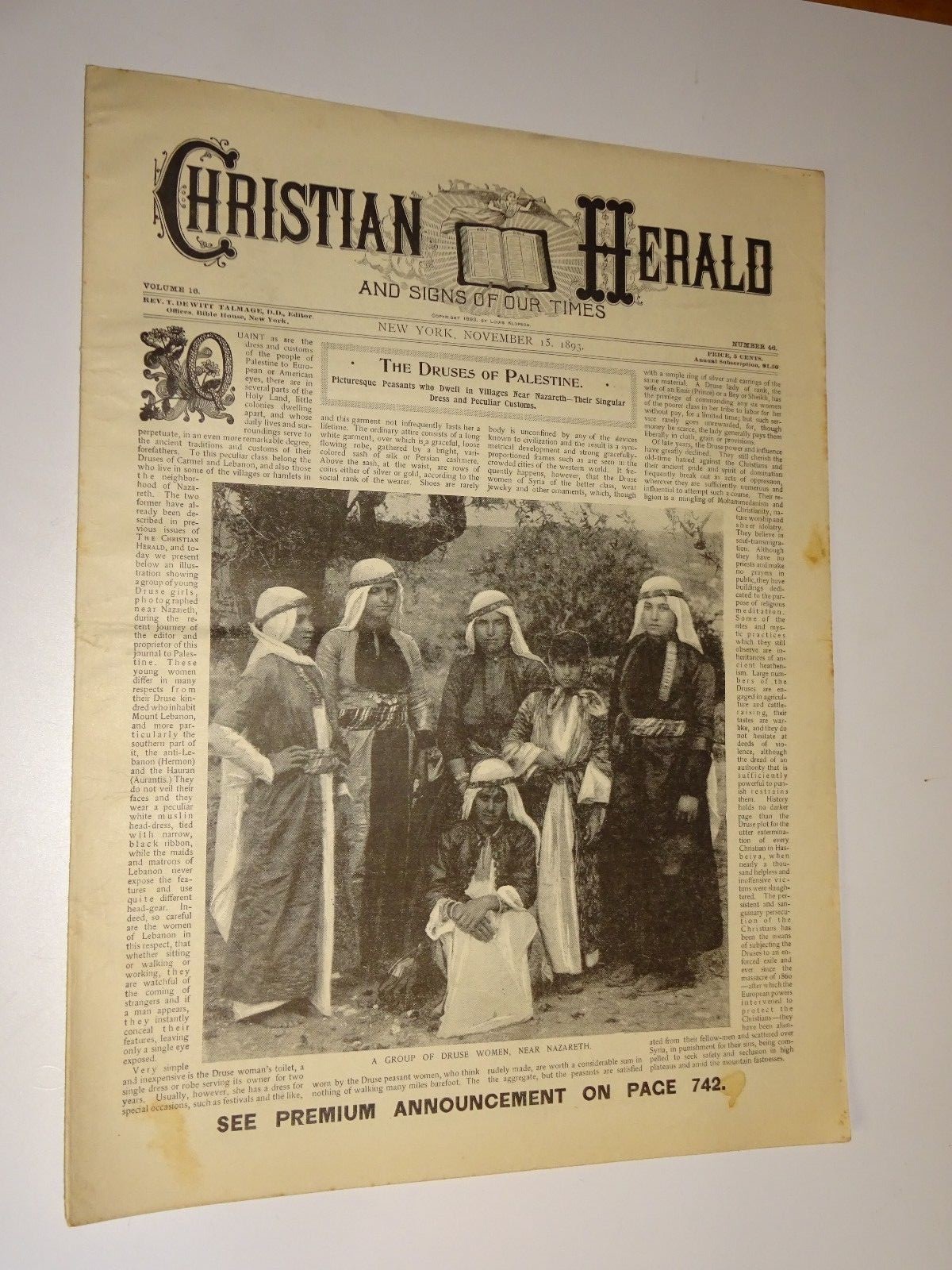 1893 CHRISTIAN HERALD Magazine November 15 A Group of Druse Women near ...
