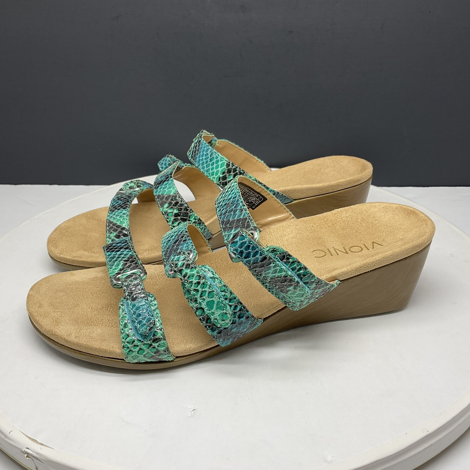 Vionic Sandals Women 9 Park Dwyn Wedge Pump Strappy Teal Snakeskin ...