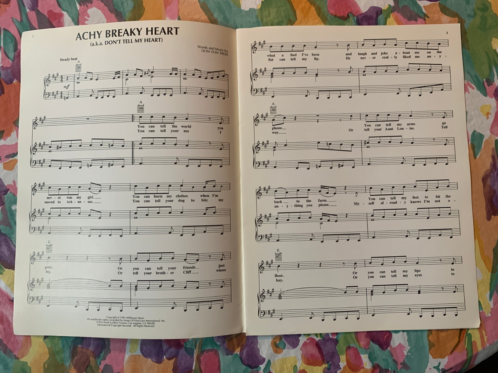 1991 Sheet Music "Achy Breaky Heart" By Don Von Tress Billy Ray Cyrus ...