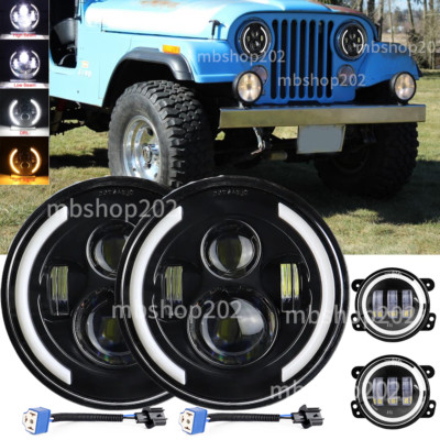 2x 7" Inch LED Headlights + 4'' Fog Lights Combo Fit Jeep Wrangler TJ ...