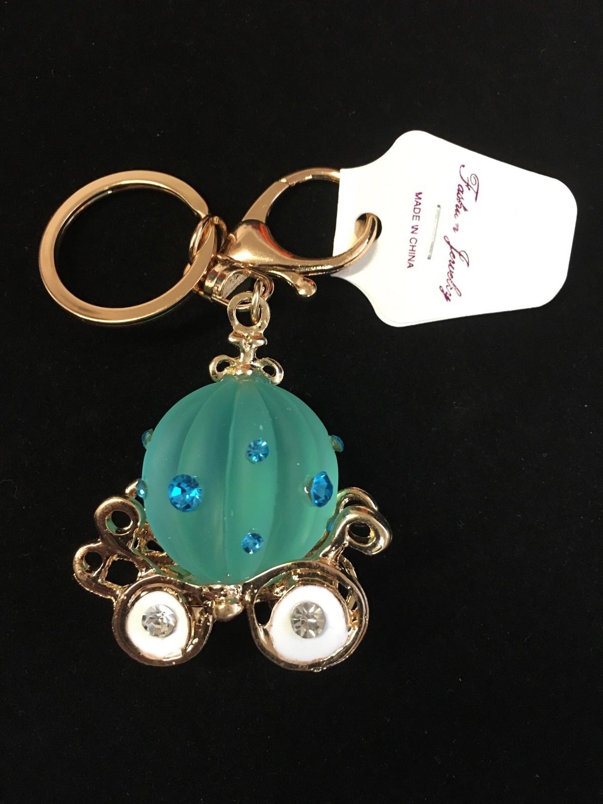 princess carriage gold tone with teal blue rhinestones keychain gift ...