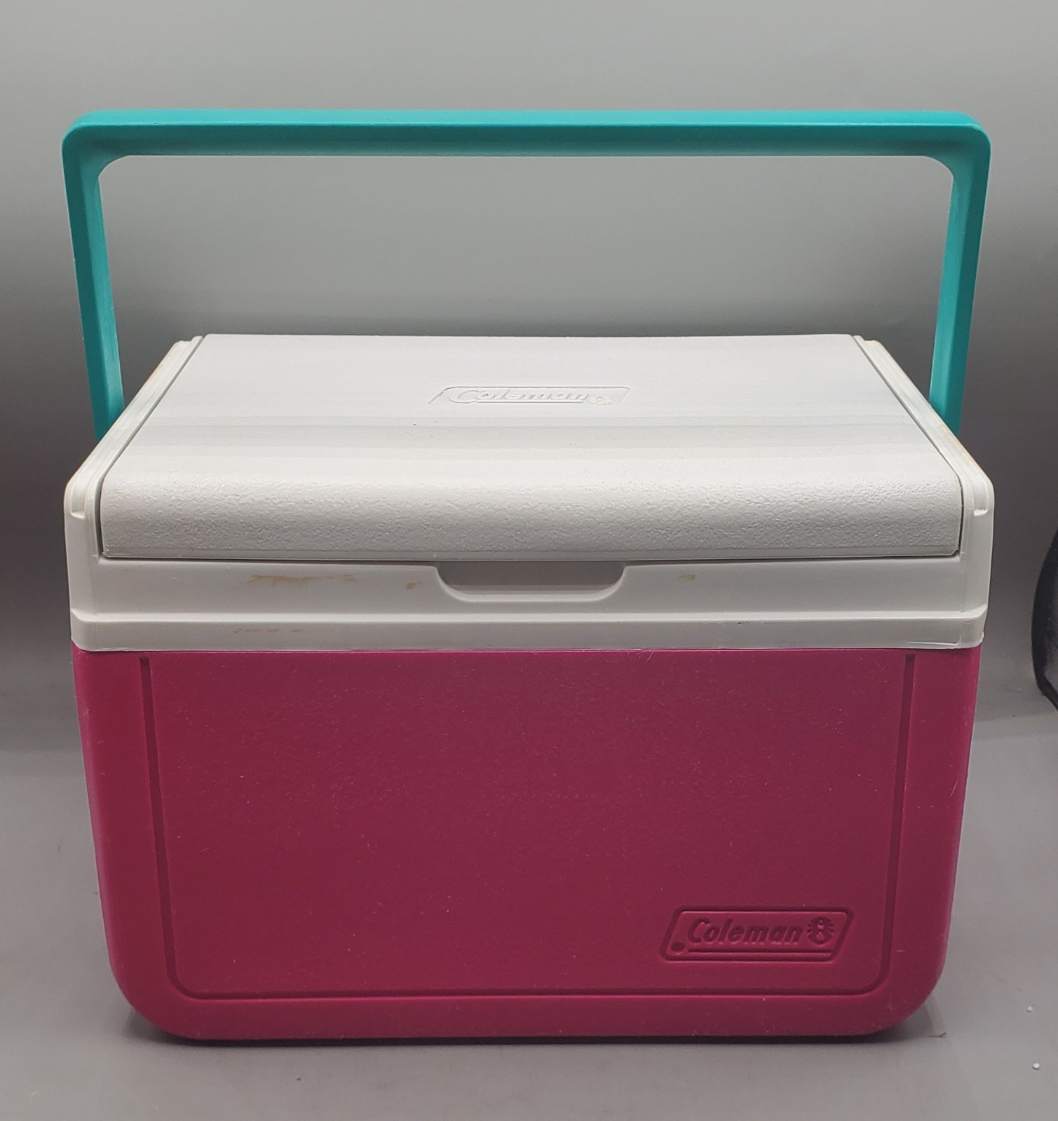 Vintage Mini Coleman Flip top Cooler Pink W/ Teal Handle Model 5205 の ...
