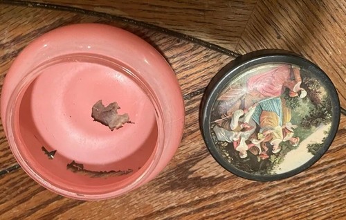 Vtg Antique Powder Jar Pink Vanity Victorian Scene Container Canister ...