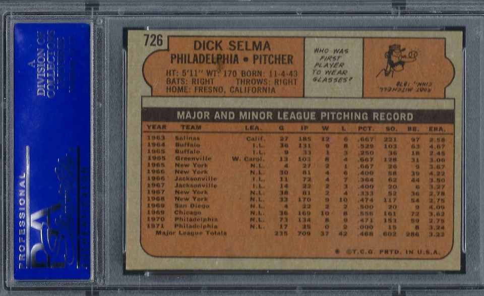 1972 Topps #726 PSA 8 Dick Selma Phillies 726 SET BREAK | eBay