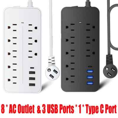 US Power Strip Surge Protector 8 AC Outlets 3 USB Ports + Type C Port 4 ...