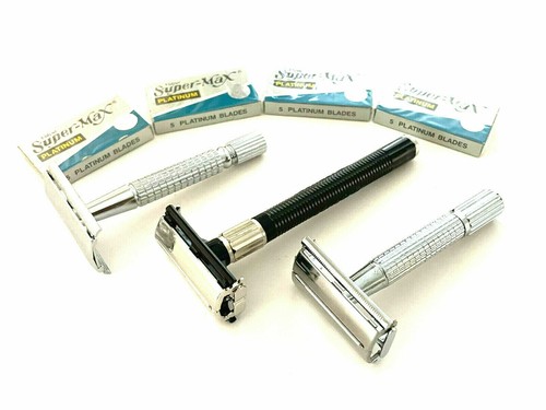 3 PCS OLD FASHION VINTAGE CLASSIC SAFETY RAZORS + 20 RAZOR BLADES GIFT ...