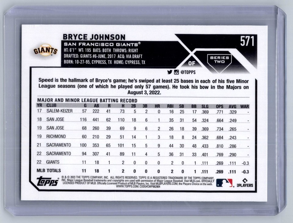 2023 Topps #571 Bryce Johnson Giants RC Rookie Rainbow Foil | eBay