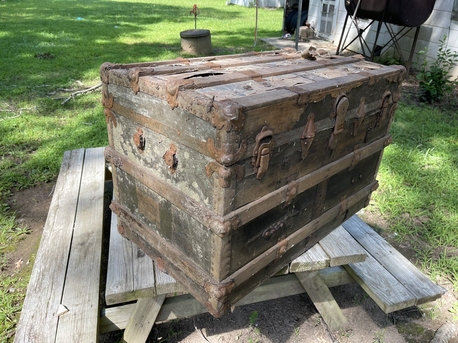 Antique Metal Wood Camelback Trunk/ Chest /Steamer | eBay