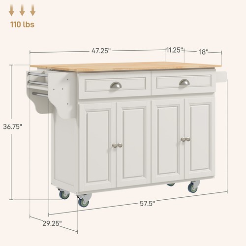 Rolling Kitchen Island Drop Leaf, 4-Door Cabinets Cream White | eBay