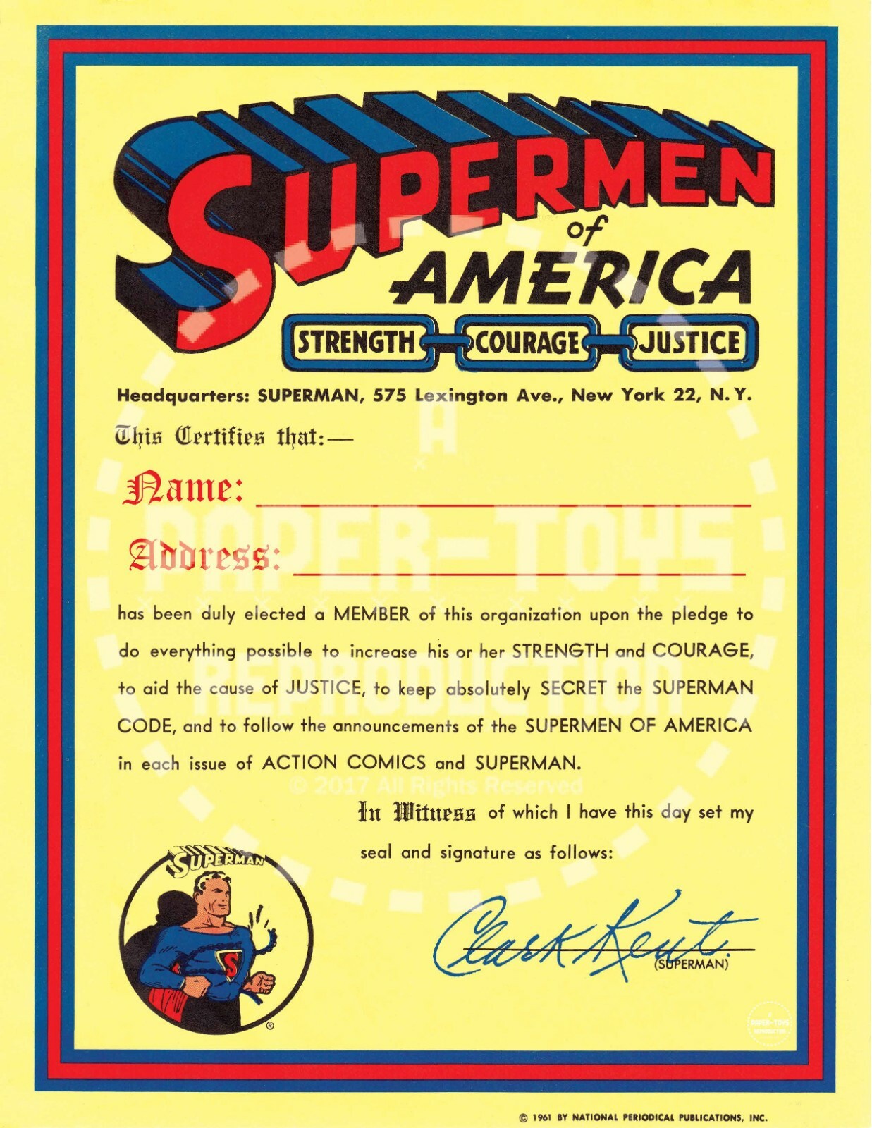 VINTAGE REPRINT - SUPERMAN SUPERMEN OF AMERICAN CLUB CERTIFICATE | eBay