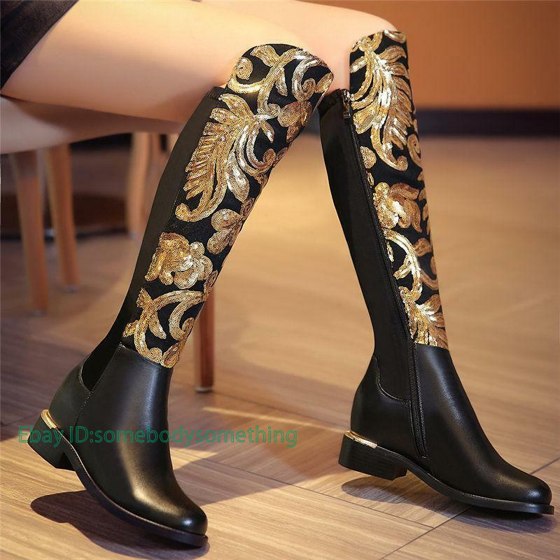 Womens Leather Round Toe Golden Floral Knee High Riding Boots Winter ...