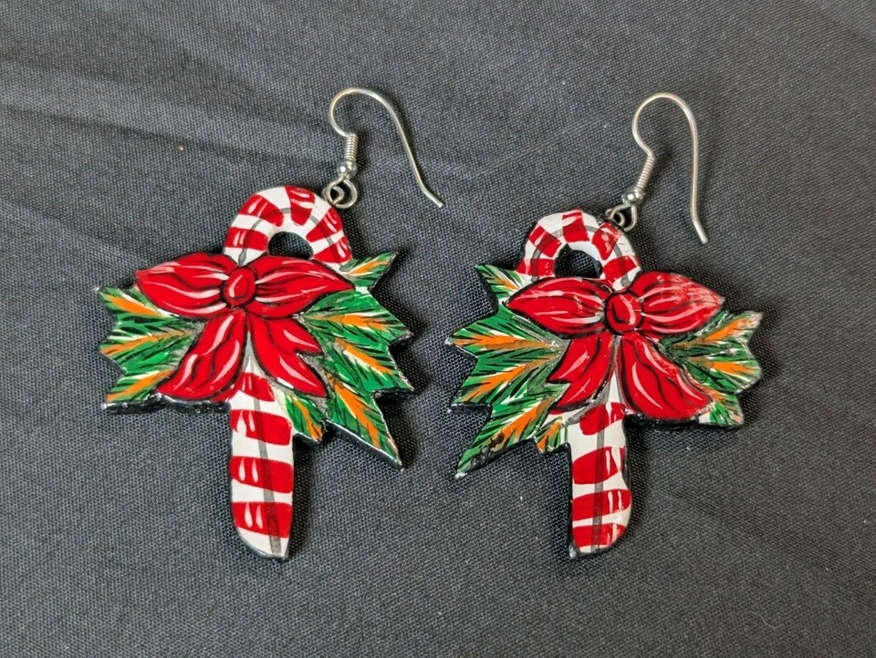 Women's Vintage Handpainted Lacquerware Christmas Candy Cane Dangle ...